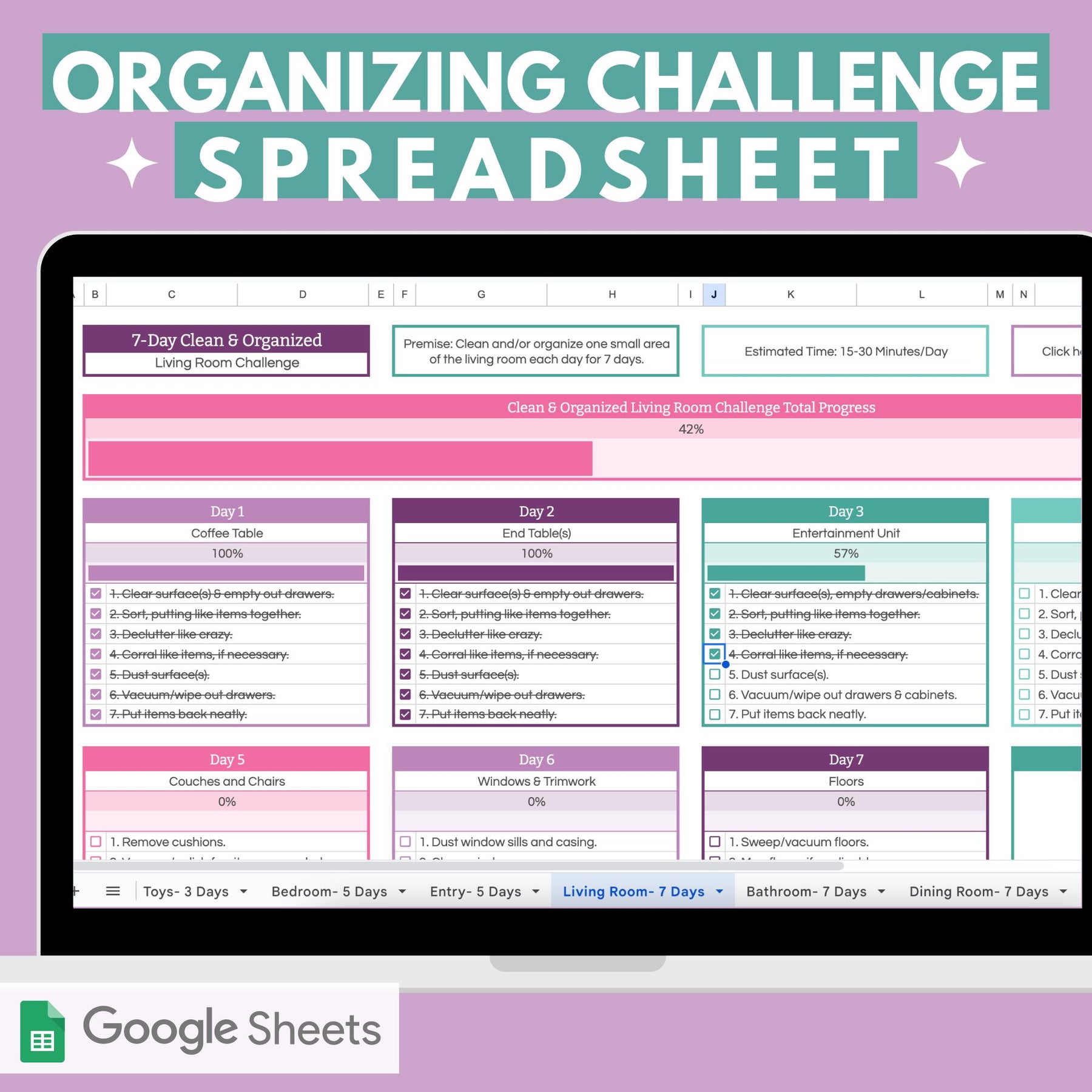 Organizing Challenge Spreadsheet for Google Sheets – Abby Organizes
