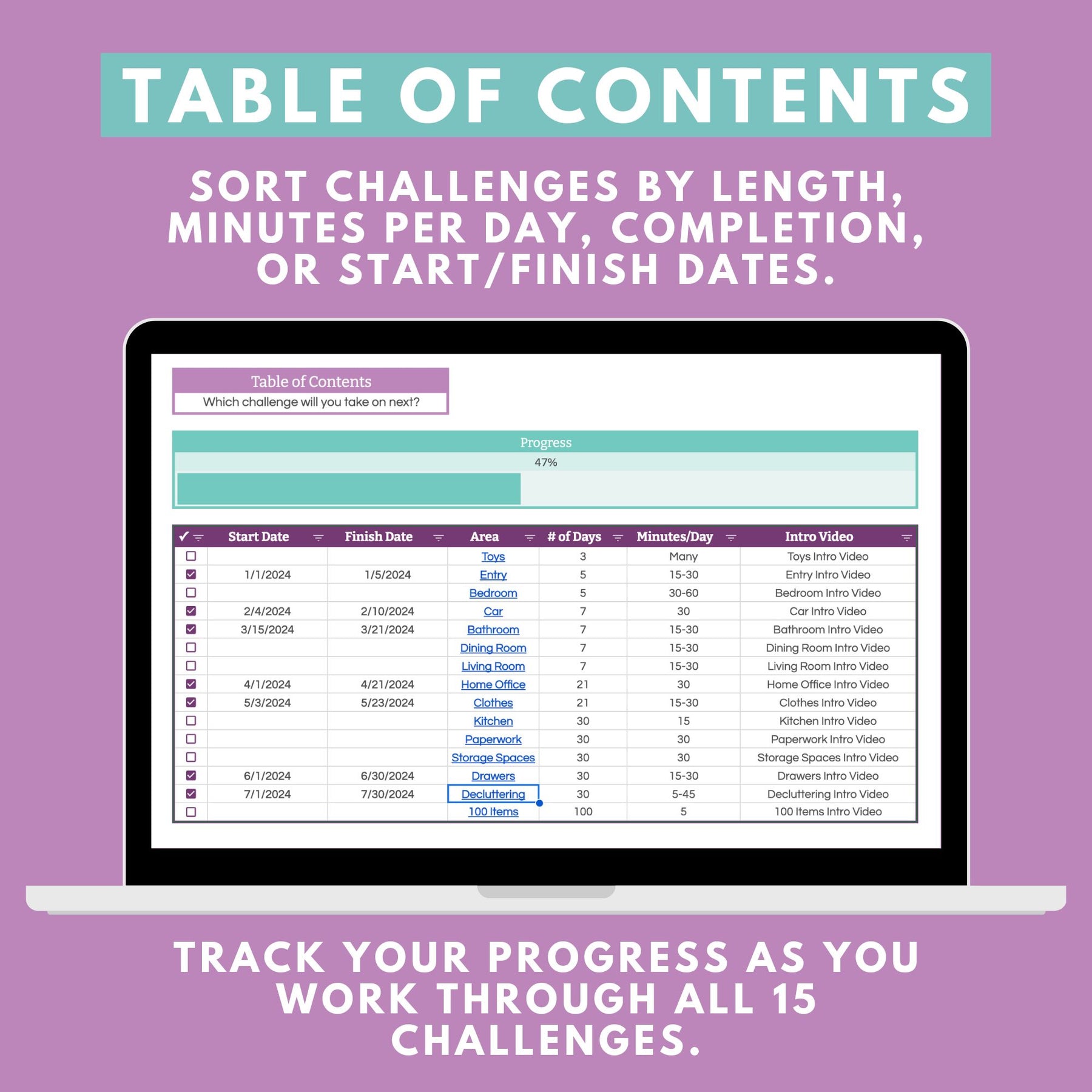 Organizing Challenge Spreadsheet for Google Sheets – Abby Organizes